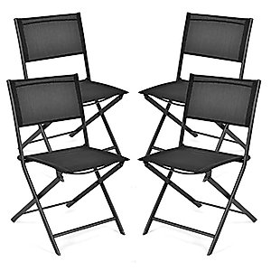 Tangkula Patio Folding Chairs Set of 4, Outdoor Portable Camping Chairs with Breathable Fabric Backrest & Seat, Heavy Duty Steel Dining Chairs Sling Chairs for Poolside, Yard, Garden, Deck, Lawn