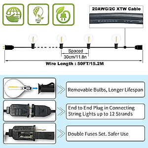 VTpower 50FT Outdoor String LED Lights G40 Shatterproof 0.6W Clear Globe Bulb E12 Base Hanging Lights with (2 Spare),Connectable for Indoor/Outside Garden Backyard Patio 50 Lamp Multicolor…