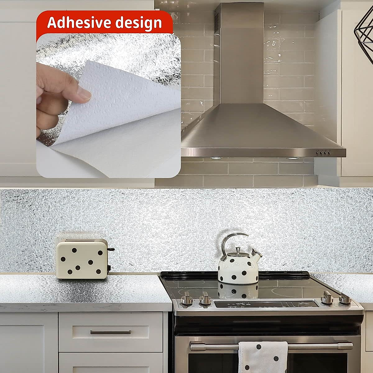 HengDu Kitchen Oil Proof Waterproof Sticker Self-Adhesive Backsplash Stickers 15.7X197 in (0.4*5M), Silver Color Aluminum Foil Oil Resistant, Stain Resistant, Heat Resistant, (Silver Orange Texture)