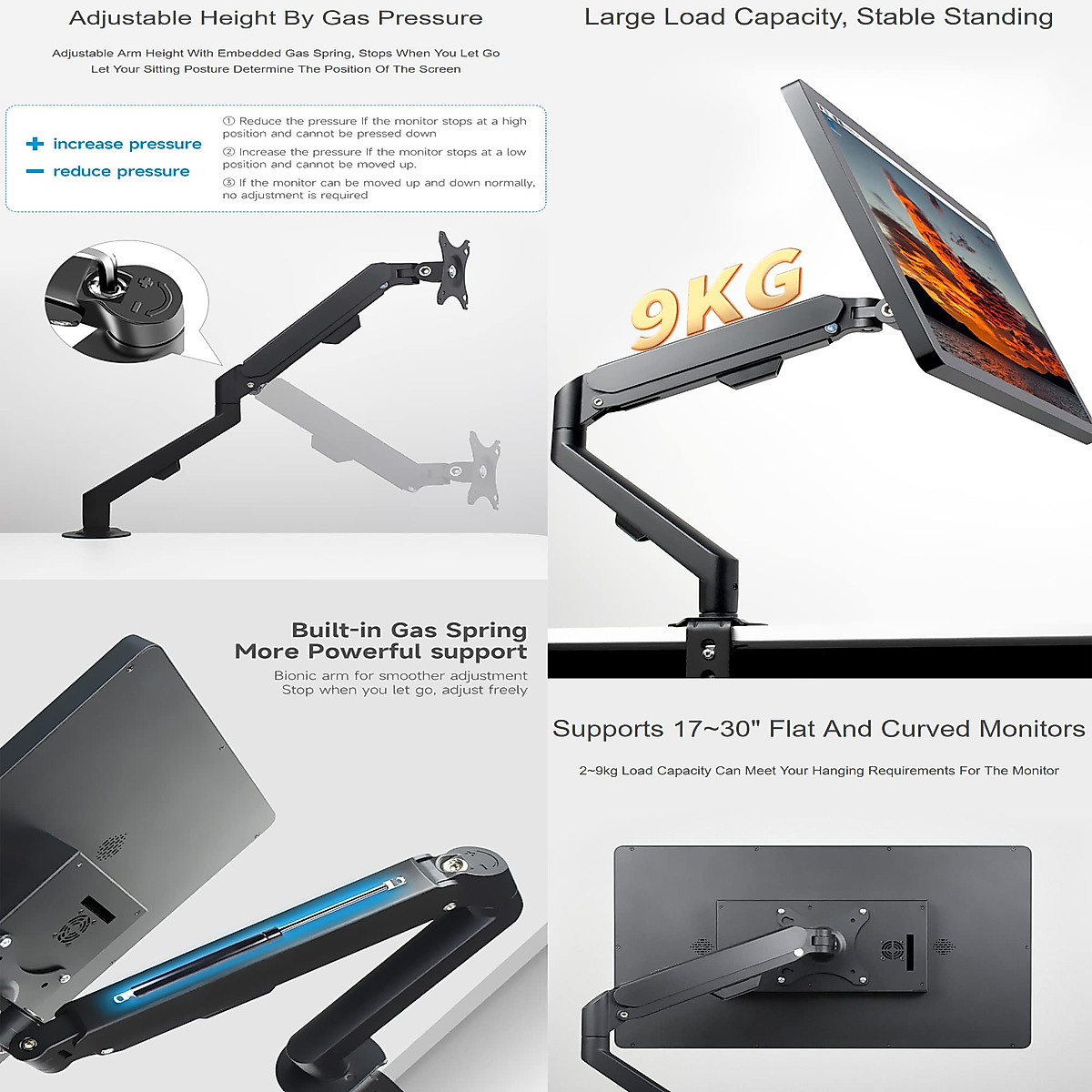 XYGStudy Gas Spring Monitor Stand Arm for 17~30 Inch Display Monitor Screen LCD Free Height Adjustment Support Multi-Angle Rotation and Expansion