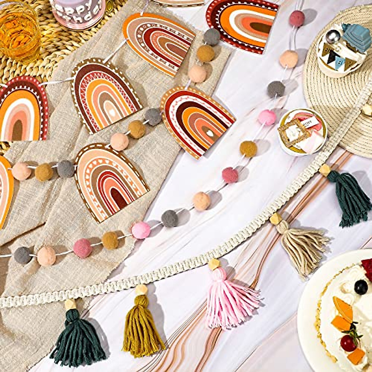 4 Pieces Boho Rainbow Party Decorations Boho Tassel Garland Pastel Decorative Pom Pom Garland Hanging Rainbow Birthday Banner Felt Ball Garland for Home Baby Shower Birthday Classroom Wall Decor