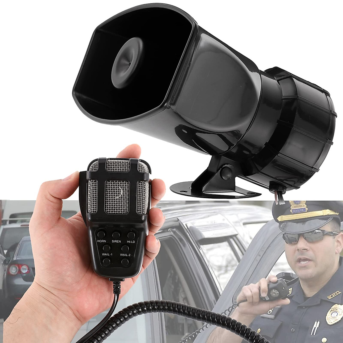 AUXMART Car Siren Horn 100W 7 Tone Sound Car Siren Vehicle Horn with Mic PA Speaker System Warning Siren Speaker Amplifier Horn Fit for Cars Vans Trucks Vehicle Motorcycles, 12V