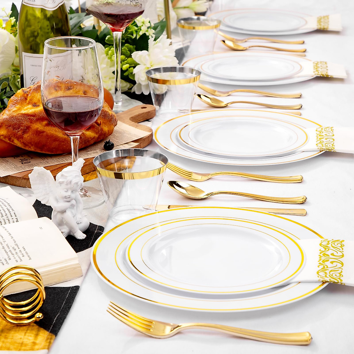 bUCLA 350PCS Gold Plastic Dinnerware Set - Gold Plastic Plates Disposable for 50 Guests Include 50 Dinner Plates,50 Dessert Plates,50 Forks,50 Knives,50 Spoons,50 Cups&50 Napkins for Party