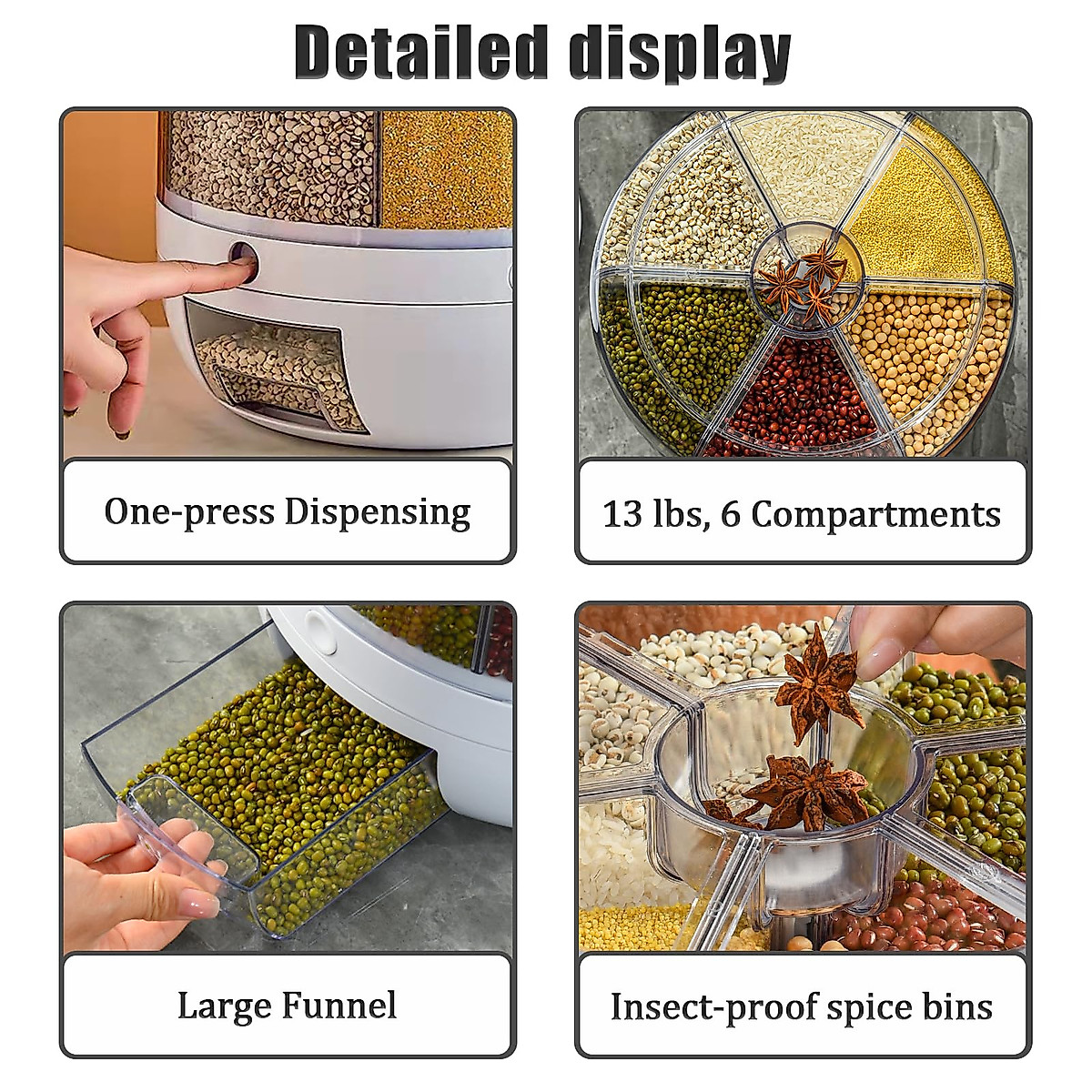 Rotating Grain Dry Food Dispenser Countertop - 6 Grids Cereal Tank for Lentils, Rice, Beans - Transparent Kitchen Pantry Storage Container, 360° Rotatable Design, Max 22 lbs Capacity, White - PET+PP