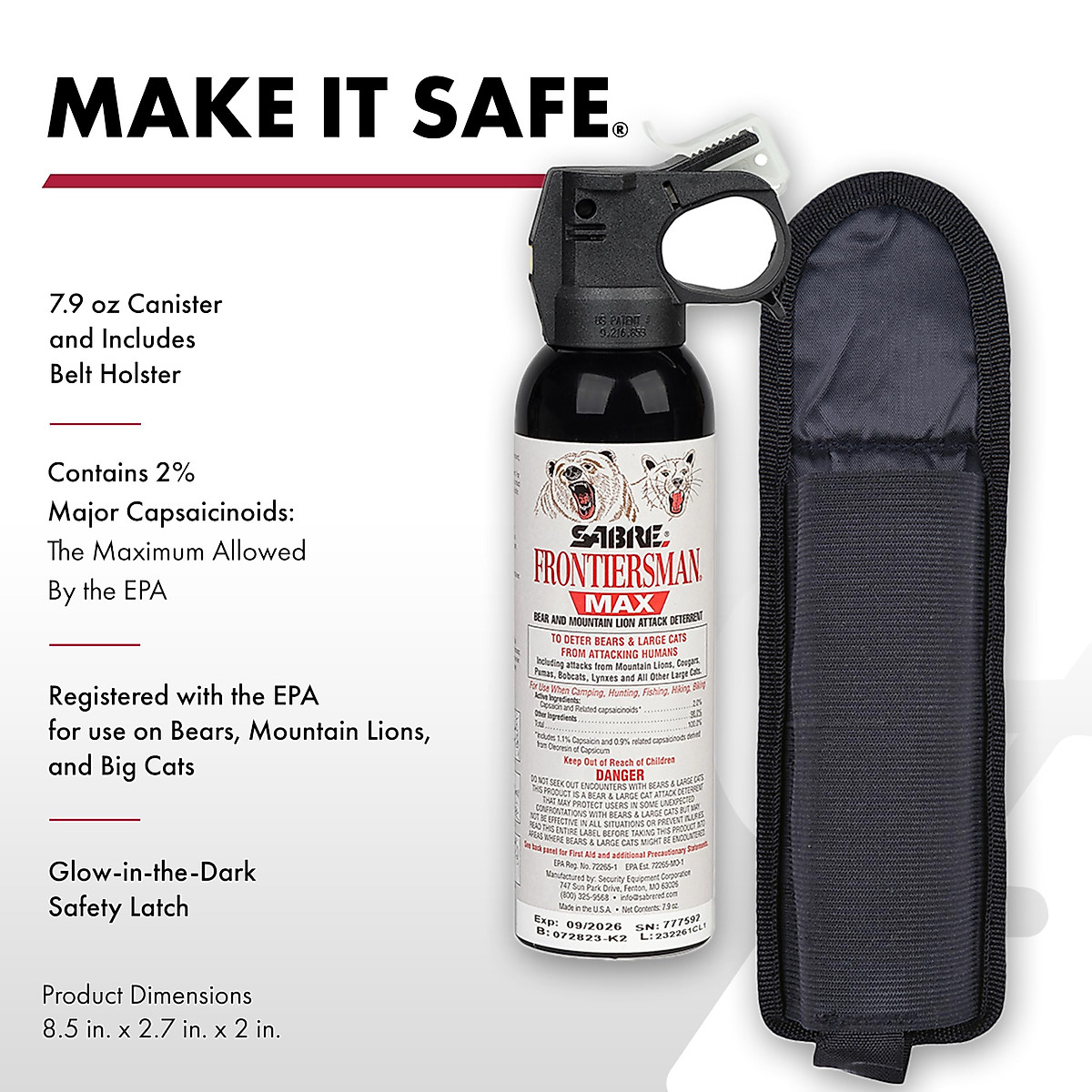 SABRE Frontiersman MAX 7.9 fl oz. Bear & Mountain Lion Attack Deterrent, Up to 40 ft Range, Contains 2% Major Capsaicinoids, Safer for You, Animals & The Environment, Glow-in-The-Dark Safety