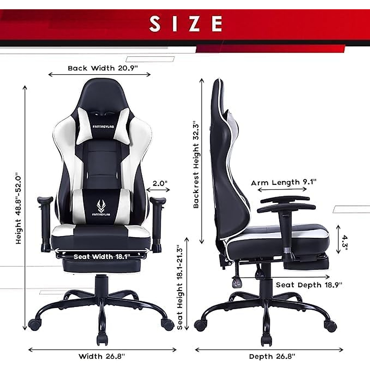 Fantasylab Gaming Chairs for Adults,Computer Chair with Massage Lumbar Support and Retractible Footrest, High Back Ergonomic Computer Chair,Adjustable Armrests and Backrest (Black)