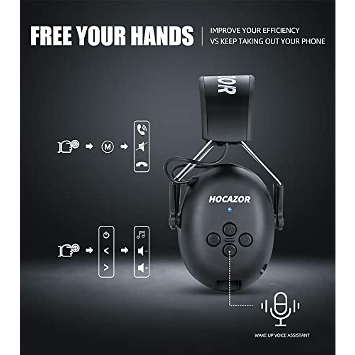 Hocazor HZ07 Upgrade Bluetooth 5.3 Hearing Protection - NRR 25dB Noise Cancelling Earmuffs 40 Hours+ Playing Time with 1500mAh Rechargeable Battery for Mowing, Workshops, Black