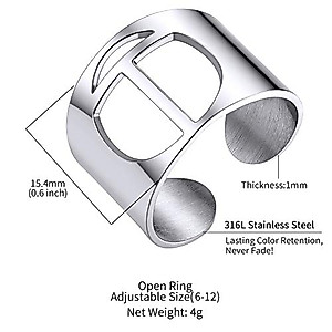 ChainsHouse Personalized Stainless Steel Bold Initial A-Z Letter Open Ring Adjustable Women Statement Rings Party Open Alphabet Cuff Rings(Letter T)