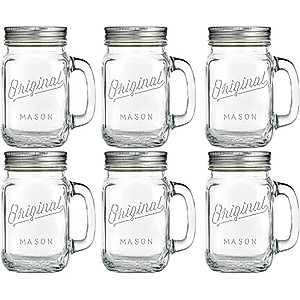 Glaver's Mason Jar 16 Oz. Glass Mugs with Handle and Lid Set Of 6 Old Fashioned Drinking Glass Bottles Original Mason Jar Pint Sized Cup Set.
