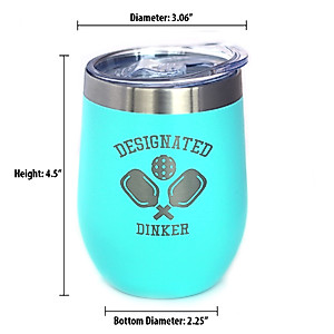 Designated Dinker - Wine Tumbler Glass with Sliding Lid - Stainless Steel Insulated Mug - Funny Pickleball Themed Gifts and Decor - Teal