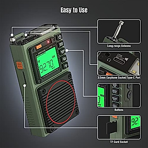 Raddy RF75A APP Control Shortwave Radio, Portable AM/FM/VHF/SW/WB Receiver with Bluetooth, Pocket Radio Rechargeable w/ 9.85 Ft Wire Antenna