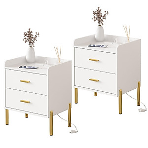 White Nightstand Set of 2,Mid Century Modern End Table with Charging Station,Farmhouse Storage Night Stand Bedside with 2 Drawer