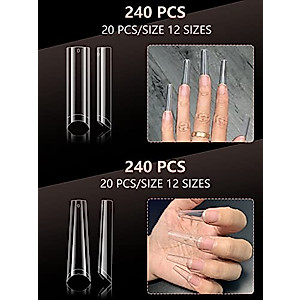 480Pcs Clear Nail Tips for Acrylic Nails Professional, XL Long C Curve Square & Coffin Nail Tips Set with 2 Nail Files, Half Cover Nail Extension Tips Artificial Acrylic Nail Tips for DIY Nail Art