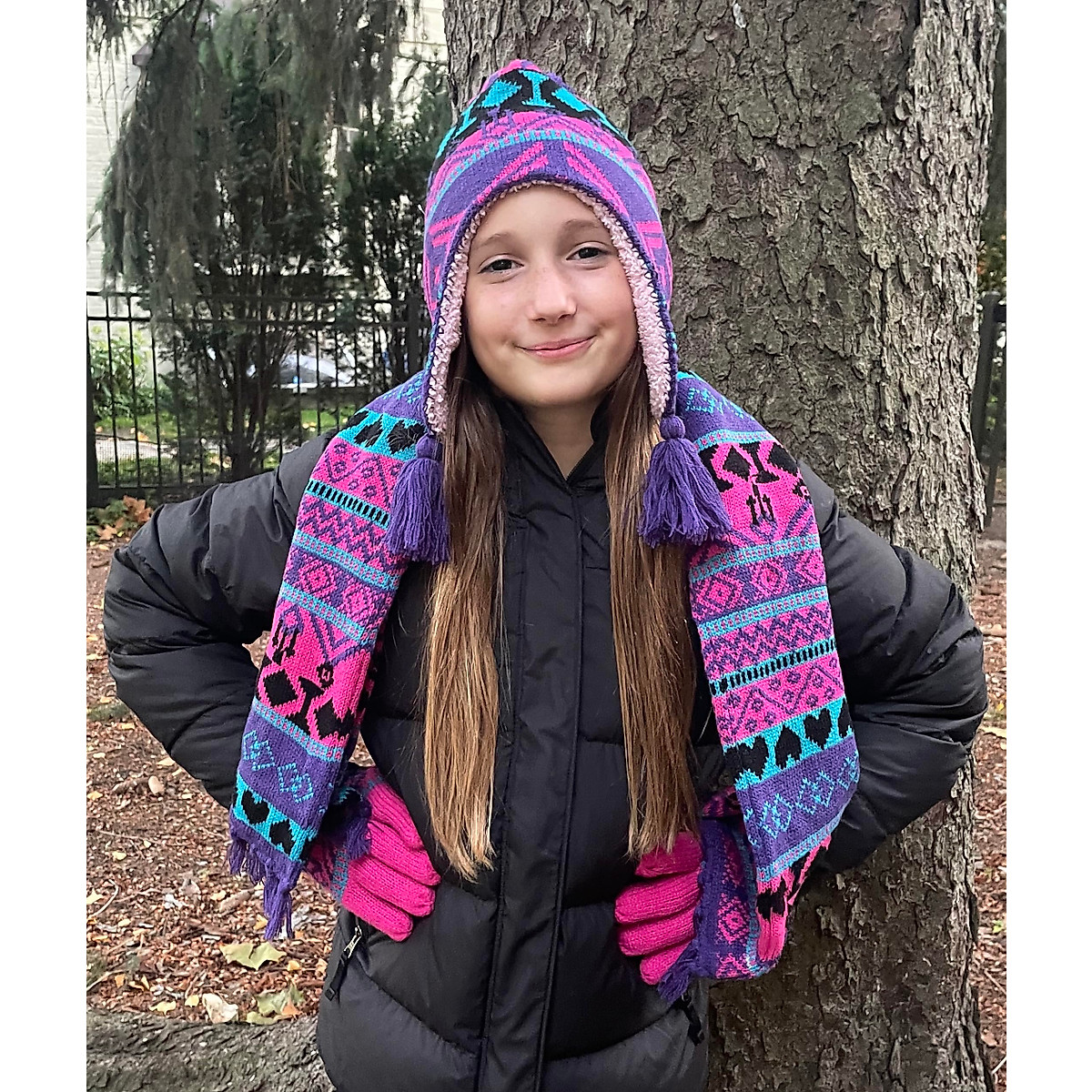 N'Ice Caps Kids Hat Glove Scarf Girls Winter Knit Accessory Set Warm Sherpa Lined 3 Piece (8-12 Years, purple/turq/fuchsia/black)