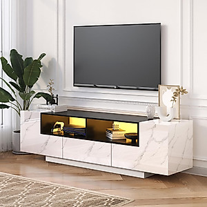 HOMFAMILIA 70in LED TV Stand for 75 Inch TV, Large Gaming Entertainment Center with Storage Cabinets and Open Shelves, Modern TV Console for Living Room, Bedroom(White Marble)