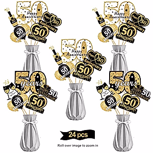 24pcs Happy 50th Anniversary Decorations Table Centerpiece Sticks, Black Gold 50 Year Wedding Anniversary Tables Topper Party Supplies, Fifty Anniversary Sign Decor