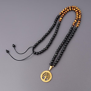 COAI Tree of Life Pendant Tiger Eye Obsidian Stone 108 Beads Mala Necklace