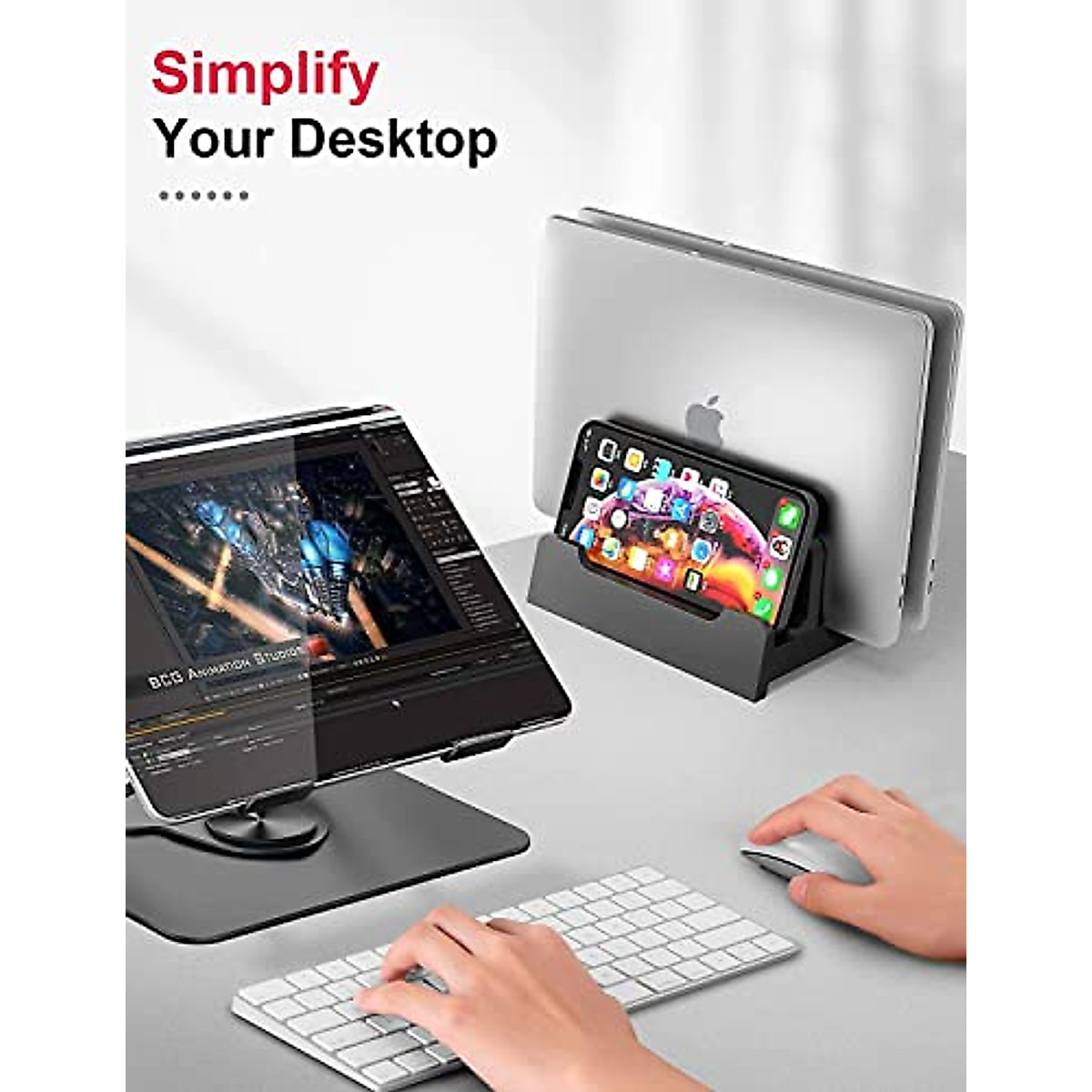 Vertical Laptop Stand with USB Hub, Plastic Dual-Slot Laptop Holder Adjustable Dock Size, Laptop Docking Station with 1 USB-C and 4 USB-A Ports, for All MacBook/Surface/HP/Dell/iPad Up to 17.3 inches