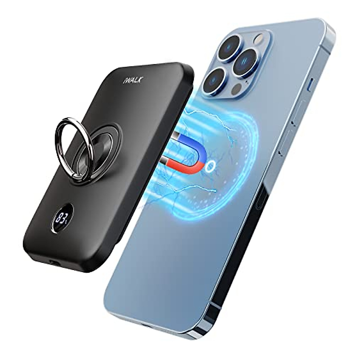 iWALK Magnetic Wireless Power Bank, 6000mAh Portable Charger with Finger Holder, Stronger Magnet Stick for Phone with Unique Mag-Suction Tech, Only Compatible with iPhone 14/13/12 Pro Max
