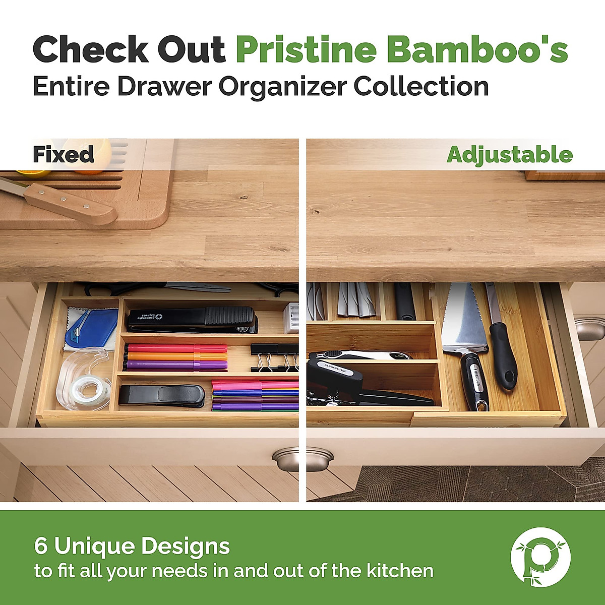 Pristine Bamboo Silverware Organizer - Expandable Kitchen Drawer Organizer - Adjustable Kitchen Drawer Organizer for Utensils, Expandable to 25 Inches Wide, 10 Compartments, Silverware Tray for Drawer