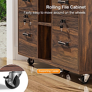 VINGLI Wide 4 Drawer File Cabinet with Lock, Wood Lateral File Cabinet with Open Shelves, Lockable Rolling File Cabinets for Home Office, Dark Brown File Cabinet Printer Stand, Letter Sized