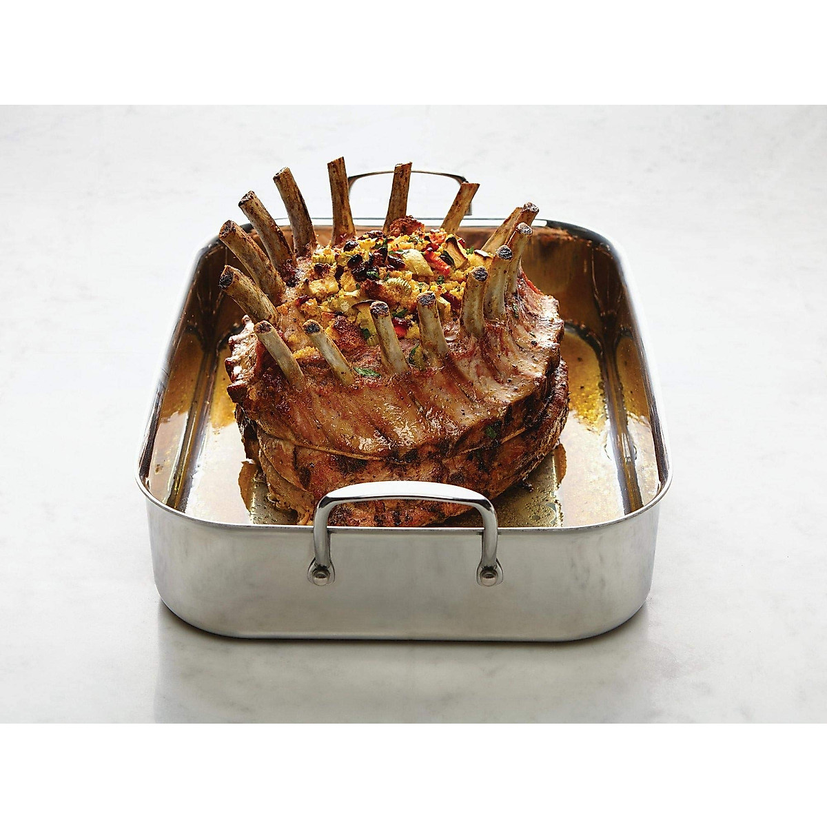 Anolon Triply Clad Stainless Steel Roaster / Roasting Pan with Rack - 17 Inch x 12.5 Inch, Silver