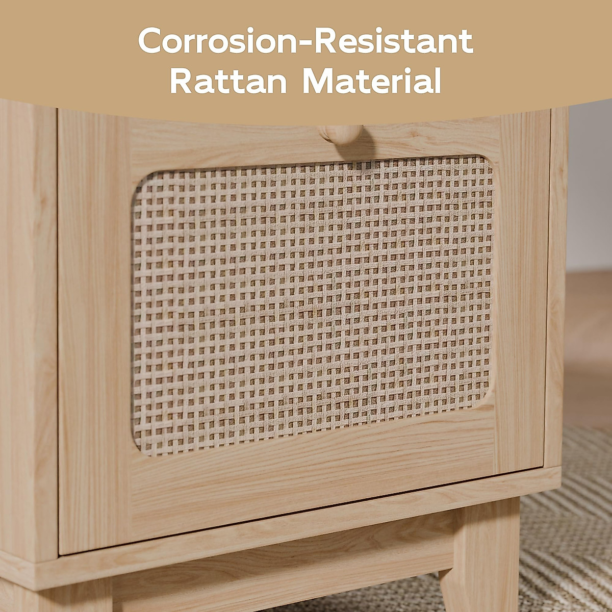 Modern Rattan Nightstand Set of 2, Wicker Rattan Stand with Drawer and Charge Station, Wooden Bedside Table for Small Spaces, Natural Wood Side Table for Bedroom (with Charging Station, 2)