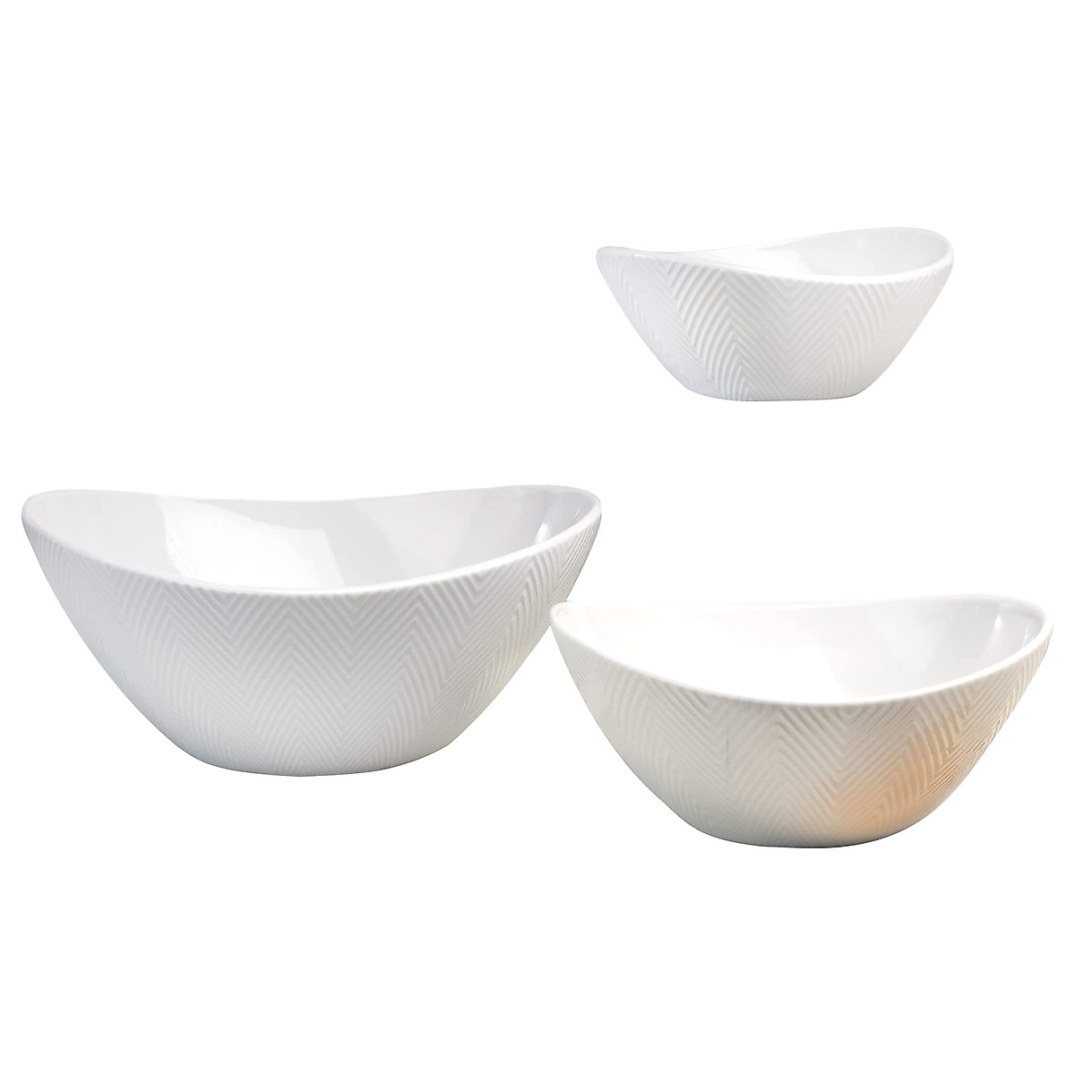 Euro Ceramica Highlands 3 Piece Porcelain Serving Bowls Set, Modern Chevron Texture, White - 40oz, 36oz, and 10oz, Chip Resistant - Nesting - Perfect for salads fruits dips