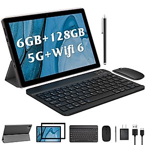 10 Inch Android Tablet, 2 in 1 Tablet with Keyboard 6GB + 128GB 10.1'' Tablets, 5G WiFi 6, BT 5.0, 1.8Ghz CPU Tableta PC, 8MP Camera, 6000mAh, Comptuer Tablet include Case Mouse Stylus Film, Black