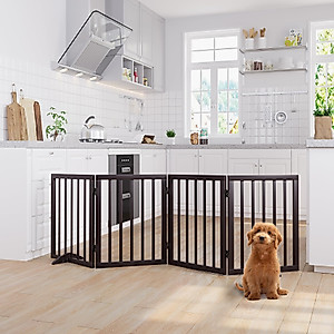 Semiocthome Freestanding Dog Gates for The House, Doorways, Stairs with 2PCS Support Feet, Foldable 4-Panel Pet Gates for Dogs, 24"(H) Extra Wide Doggy Fence for Inside Expands Up to 74"(W)- Brown