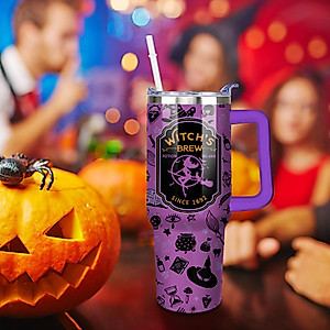 qoepfnsh Halloween Tumbler 40 oz Halloween Tumblers with Handle and Straw Purple Witchy Stainless Steel Insulated Coffee Cups Mugs Halloween Gifts Stuff for Women Girls