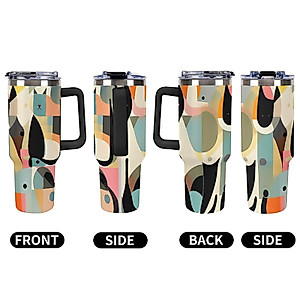 HJUQNGF 40 Oz Personalized Tumbler with Handle And Straw Mid-Century Modern Art Cat Stainless Steel Insulated Tumblers Reusable Car Thermal Cup Travel Coffee Mug for Women Men