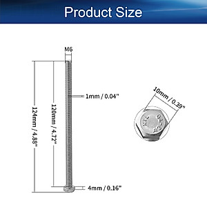 Bettomshin 4Pcs M6 x 120mm Hex Bolts, 304 Stainless Steel 1mm Thread Pitch Fully Threaded Metric Hex Head Screw Bolts, Hexagon Screw Bolt, Hex Tap Bolts, Silver, A2-70 (Overall Size 124x10x10mm)