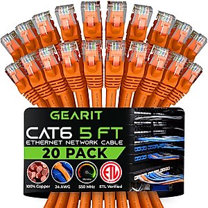 GearIT Cat 6 Ethernet Cable (20-Pack 5 Feet) Cat6 Network Patch, 10Gbps, RJ45, Snagless Cord, Gold-Plated Connectors, Internet for PC, TV, Tablet, Router, Printer, Servers, IT Data Center - Orange