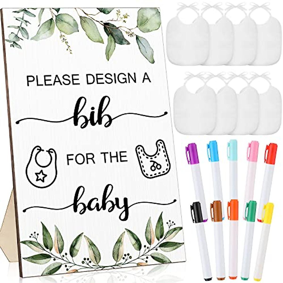 26 Pcs Baby Bibs and Game Set Baby Shower Game Sign 15 White Feeder Bibs 10 Fabric Markers for Gender Reveal (Green Leaves)