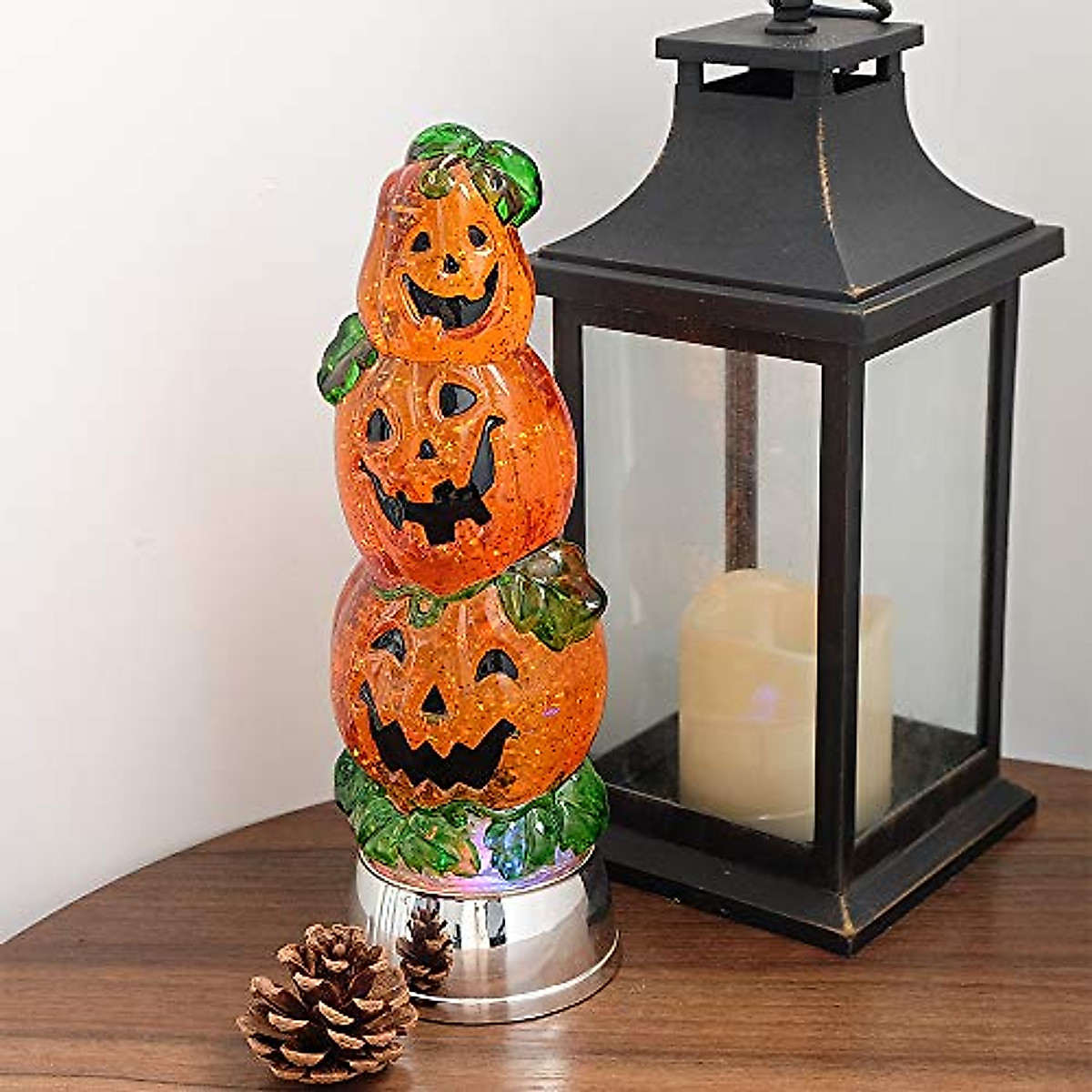 Eldnacele Halloween Pumpkin Light Snow Globe Lighted Lamp with 6H Timer, Battery Operated Spinning Water Glittering Swirling Tornado Lights Tabletop Halloween Decoration Celebration Parties