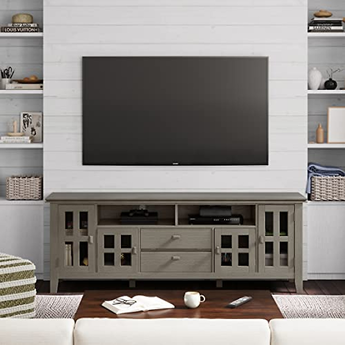 SIMPLIHOME Artisan Solid Wood 72 inch Wide Contemporary TV Media Stand in Farmhouse Grey for TVs up to 80 inches