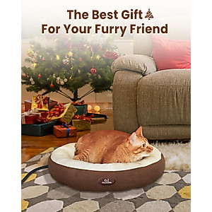 clawsable Heated Cat Bed for Small Medium Size Cats, Super Soft Round Heated Pet Bed with Warming Temperature Cat Bed for Indoor Cats, Electric Cat Heating Bed for Kittens (Beige+Brown)