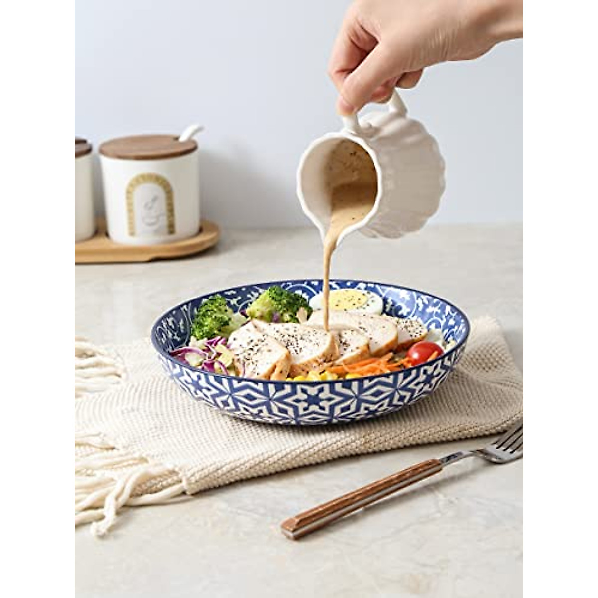 Selamica Porcelain 26 Ounce Pasta Bowls Set of 6, 8 inch Wide and Shallow Salad Bowls, Serving Bowls, Microwave & Dishwasher Safe, Sturdy & Stackable, Vintage Blue