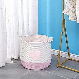 childishness ndup Large Cotton Rope Basket, Woven Storage Basket for Toy, Laundry and Blanket Organizer Basket, Round Hamper Basket with Handles for Kid's Room 17.7"x16.9" (Pink Heart)