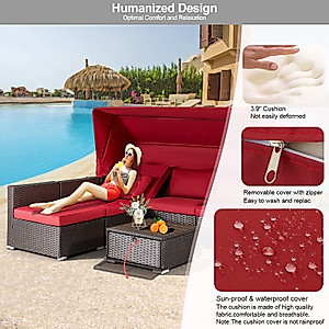 HOMREST 6 Pieces Patio Furniture Sets, Rattan Daybed with Retractable Canopy, Outdoor Sectional Sofa Set with Adjustable Backrest, Chaise Chair Sunbed for Garden Poolside Backyard (Wine Red)
