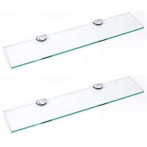 BSM Marketing Set of 2 500mm x 100mm 6mm Thick Toughened Glass Shelves with Large Chrome Finish Shelf Supports