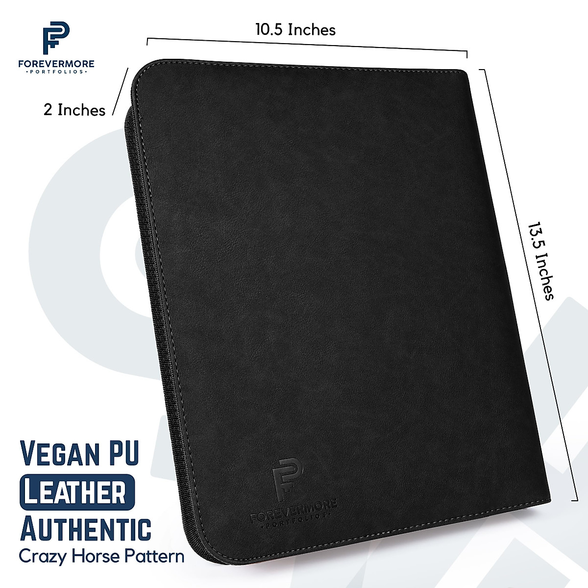 Forevermore Portfolios Padfolio Binder - Professional Faux Leather Travel Organizer Pouch for Tablet, Documents, Presentation Folders, Zipper Closure, Removable 3-Ring Notepad - Black