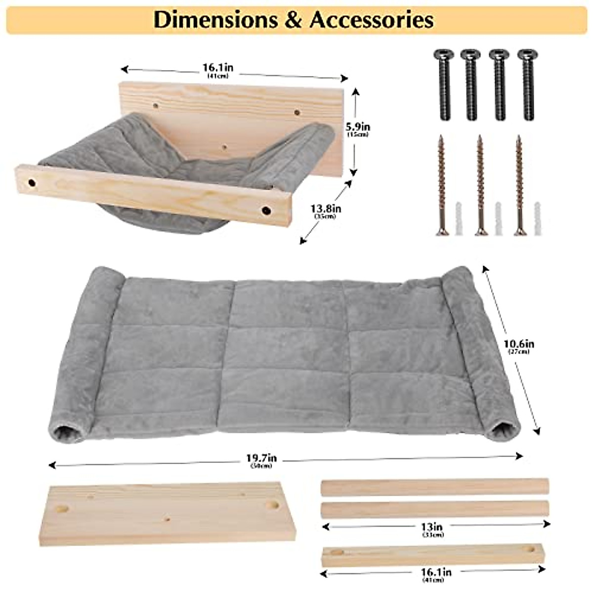 Topmart Cat Hammock Wall Mounted, Cat Wall Furniture for Sleeping, Playing, Climbing, Cat Wall Shelves& Cat Perch for Indoor Cats, Up to 35lbs, Gray