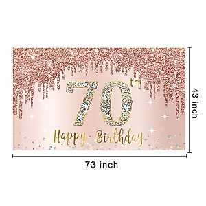 Happy 70th Birthday Banner Backdrop Decorations for Women, Rose Gold 70 Birthday Party Sign Supplies, Pink 70 Year Old Birthday Poster Background Photo Booth Props Decor