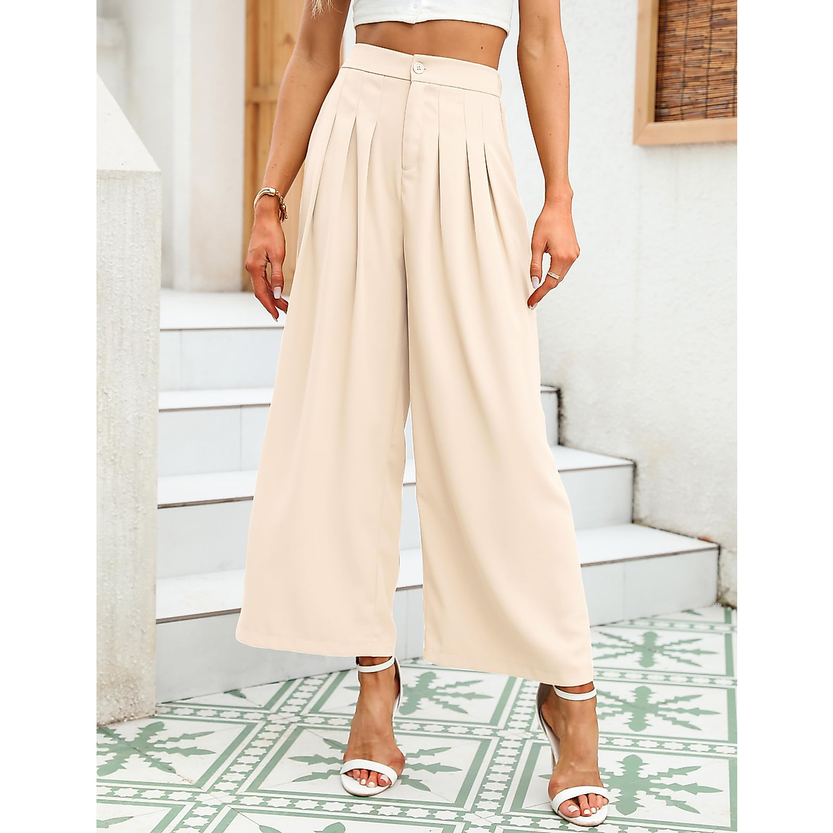 KOJOOIN Women High Waisted Wide Leg Palazzo Pants, Flowy Pants for Women Loose Fit Elastic Waist Pleated Trousers Comfy Elegant Business Casual Straight Leg Dress Pants Beige XL
