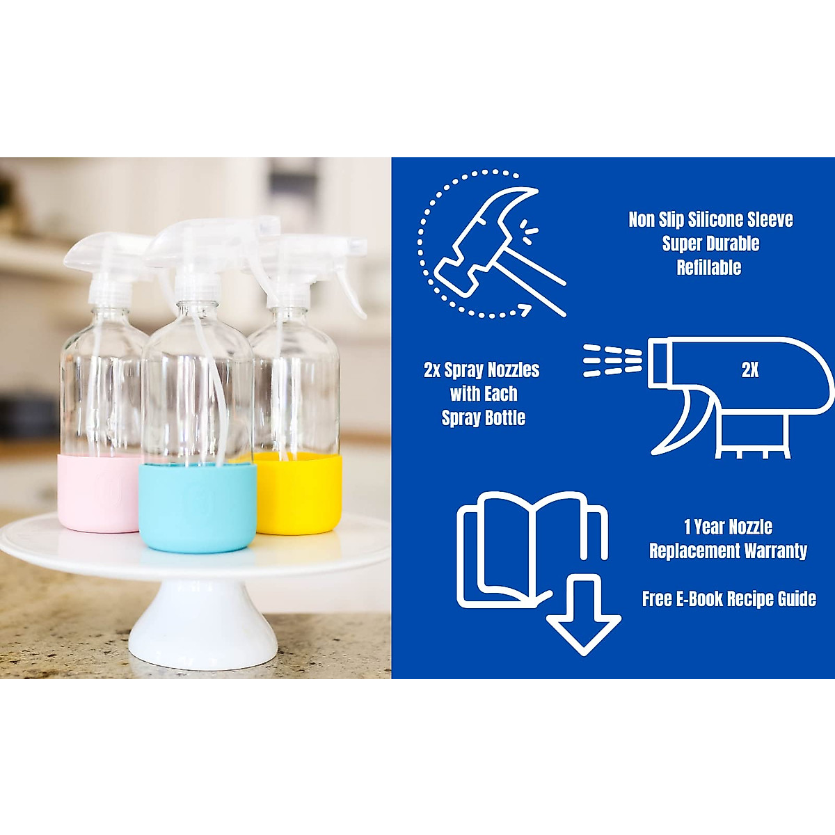 Just Like Joan 16 oz Glass Spray Bottles for Cleaning Solutions Clear Empty Spray Bottles with Sage Green Silicone Sleeve Essential Oils, Plants, Mist Sprayer Bleach Refillable Reusable Container Food