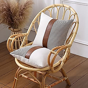 Mecatny Boho Throw Pillows 18x18 Set of 2 - Farmhouse Decorative Throw Pillows with Inserts Included - Brown Faux Leather Modern Stripe Patchwork Linen Accent Throw Pillows for Couch Bed Sofa, Grey