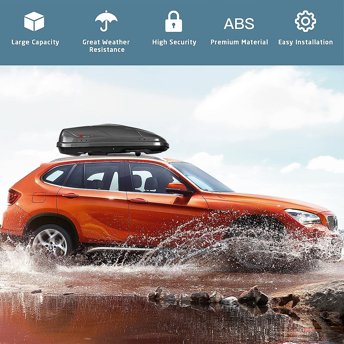 Goplus Rooftop Cargo Carrier Hard Shell, 14 Cubic Feet Waterproof Car Roof Cargo Carrier w/Dual Side Opening, Security Key, 165LBS Capacity, for 17” to 22.8” Wide Crossbar Rack, Vehicle Cargo Box