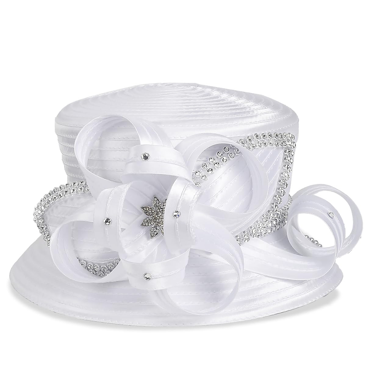 PGTEN Women's Satin Dress Church Hats with Rhinestones White